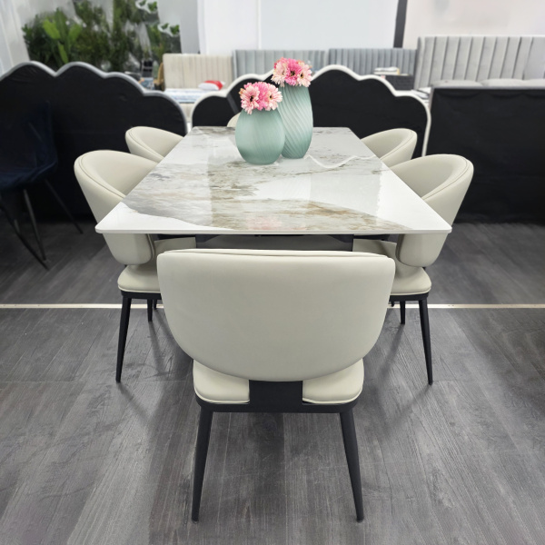 Nancy Sleek Sintered Stone Top Table + 6 Bari Chairs Dining Set - Jack ...